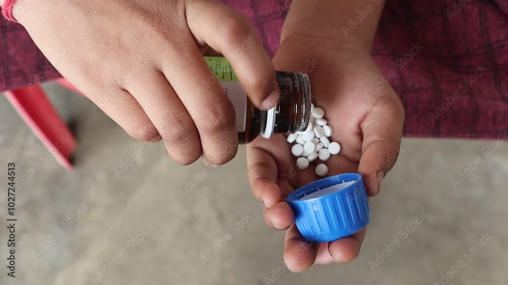 Video of a hand removing a calcium tablet from a bottle, focusing on ...