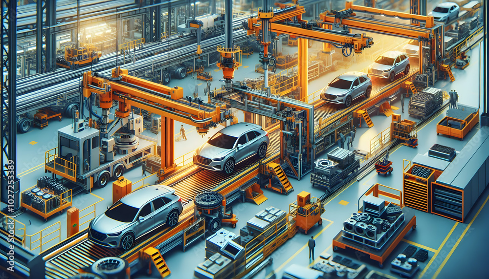 This image shows a model car factory. There are several cars on an ...