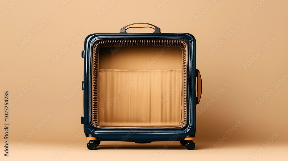 Square suitcase with an open front zipper compartment, showing beige ...