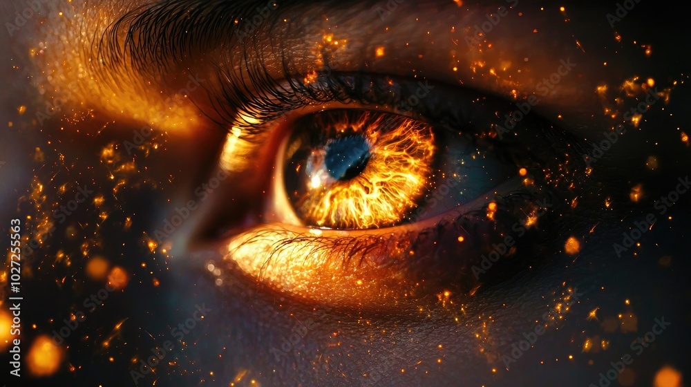 Two eyes glowing with holy light and fire peer into the deep cosmos at ...