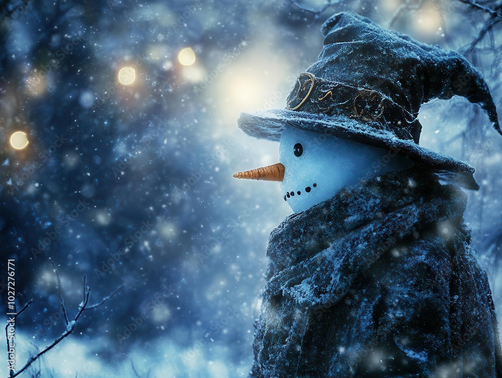 frozen wizard snowman with a cold icy face, depicted in an enchanting ...