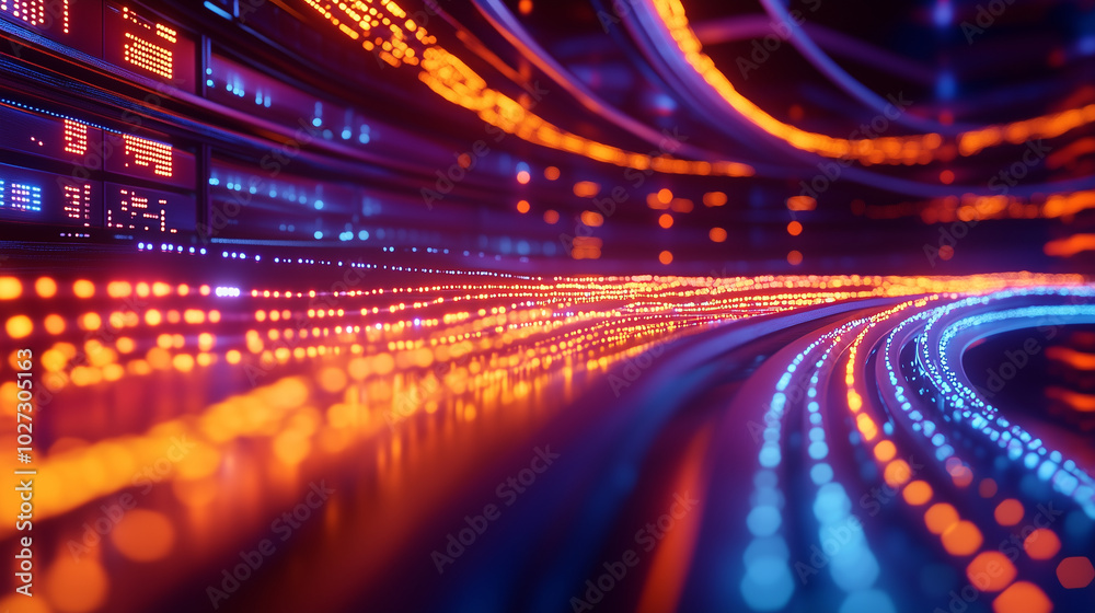 An immersive view of a data center, where glowing orange and blue ...