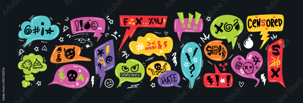 Hand drawn doodle colorful speech bubbles with swearwords, insults ...