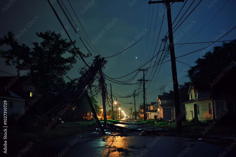 Downed power lines and darkened streets in the aftermath of a hurricane ...