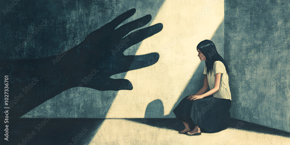 Woman sitting in a shadowed room, a large dark hand silhouette looming ...