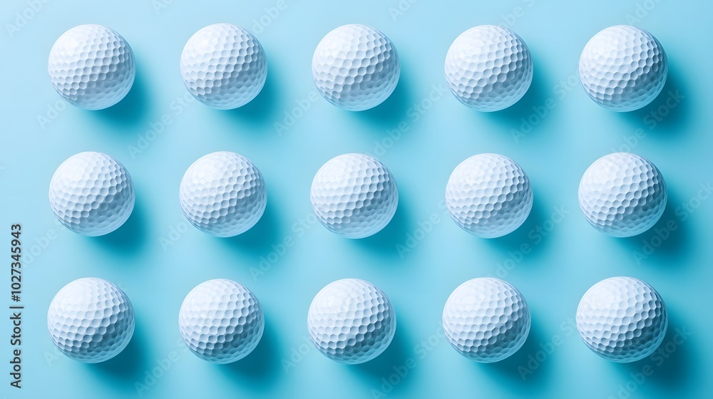 Neatly arranged golf balls in a light blue background, showcasing a ...