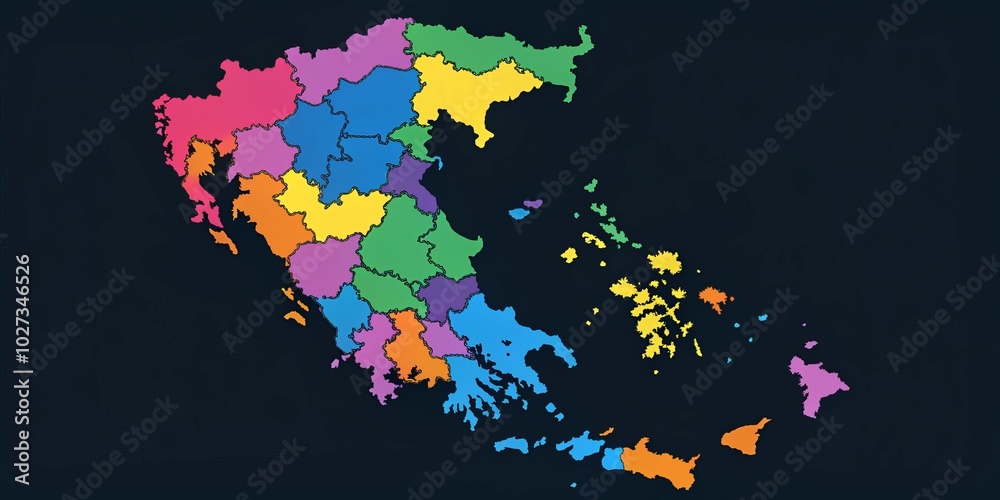 Silhouette-style vector map of Greece showcasing administrative ...
