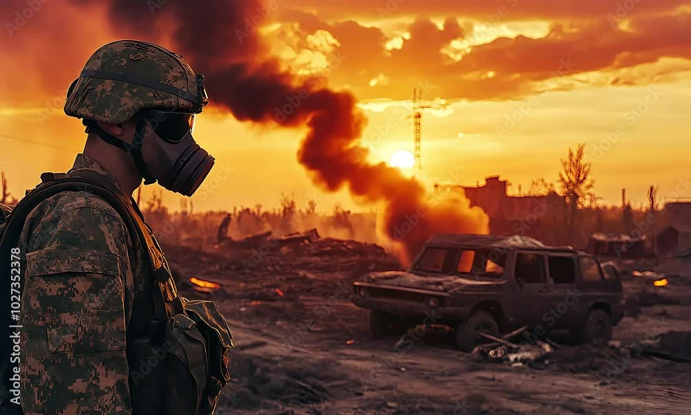 A soldier in a gas mask stands amidst a war-torn landscape at sunset ...