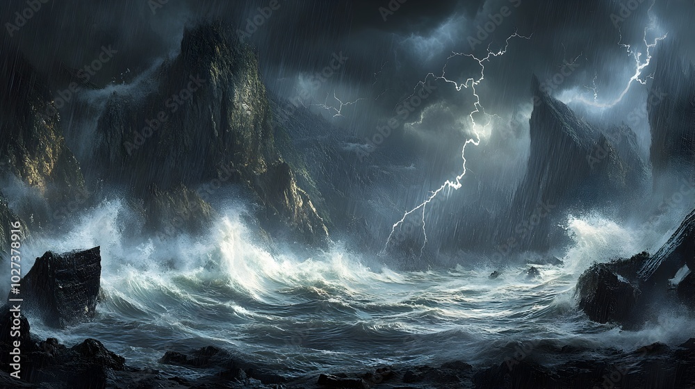 Stormy Coastline with Powerful Lightning Bolts and Turbulent Ocean ...