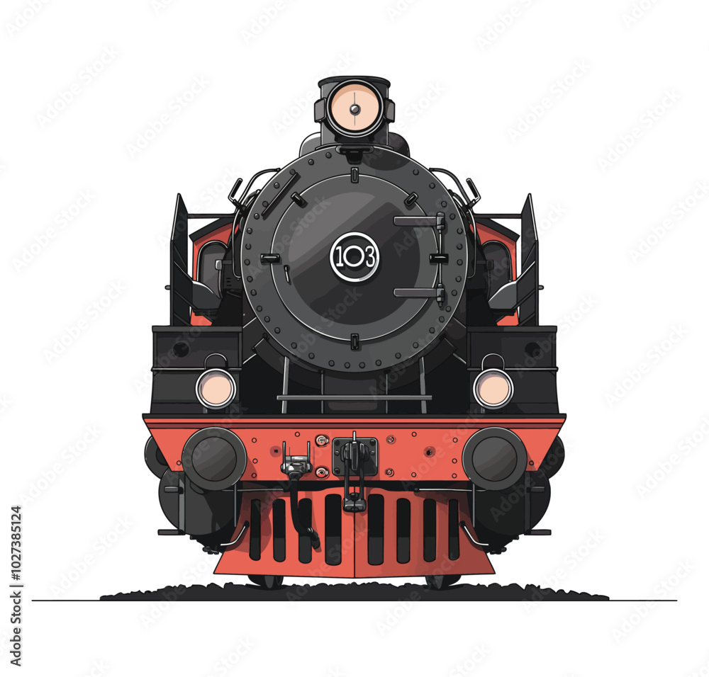 A front view of a black and red steam locomotive, evoking a sense of ...