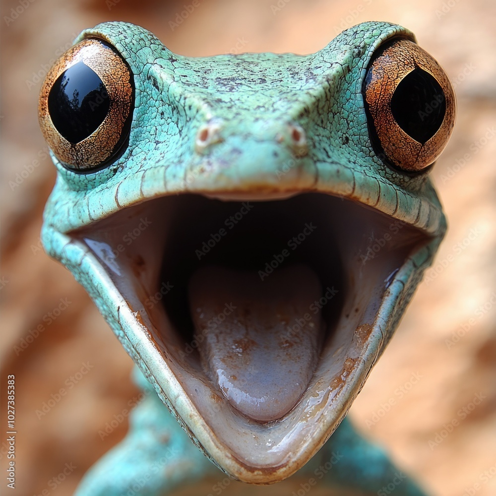 A vibrant green frog with bulging eyes and a wide mouth on a textured ...