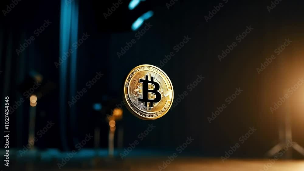 A gold bar turn into bitcoin symbol on a coin flip with dark background ...