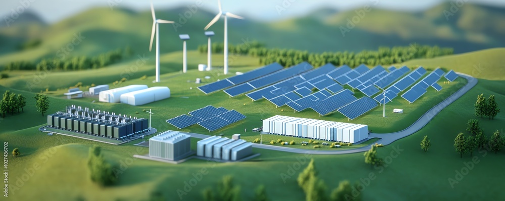 Sustainable energy facility with solar panels and wind turbines set in ...