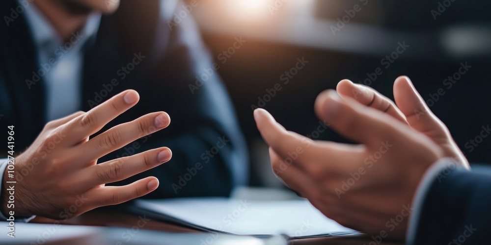 An image of two suited businessmen engaged in a serious conversation ...