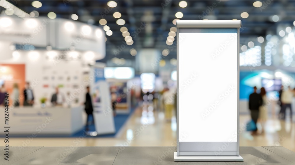 Blank roll up banner stand in a busy exhibition hall showcasing vibrant ...