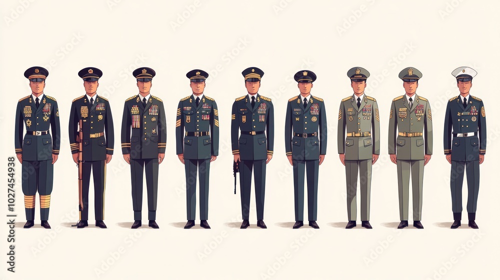 Vector graphics of army officers, diverse set of characters ...