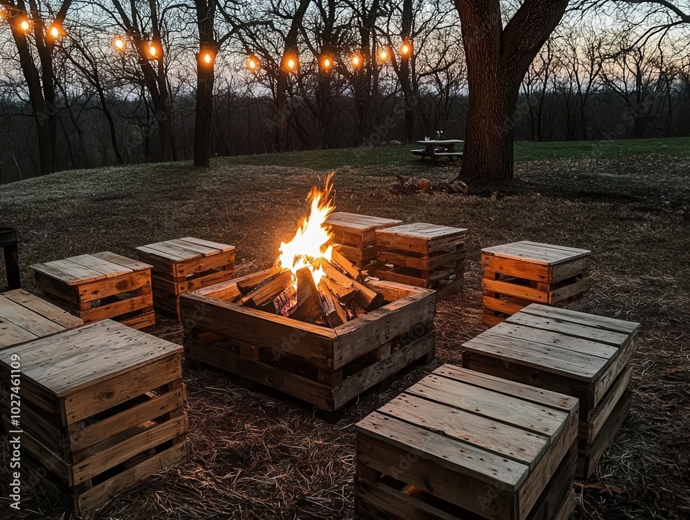 A backyard setup with crates being used as seating around a bonfire ...