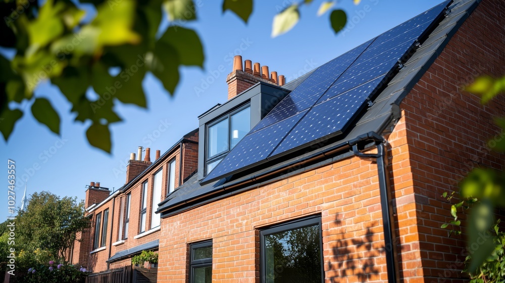 Modern UK house with solar panels seamlessly integrated into its roof ...