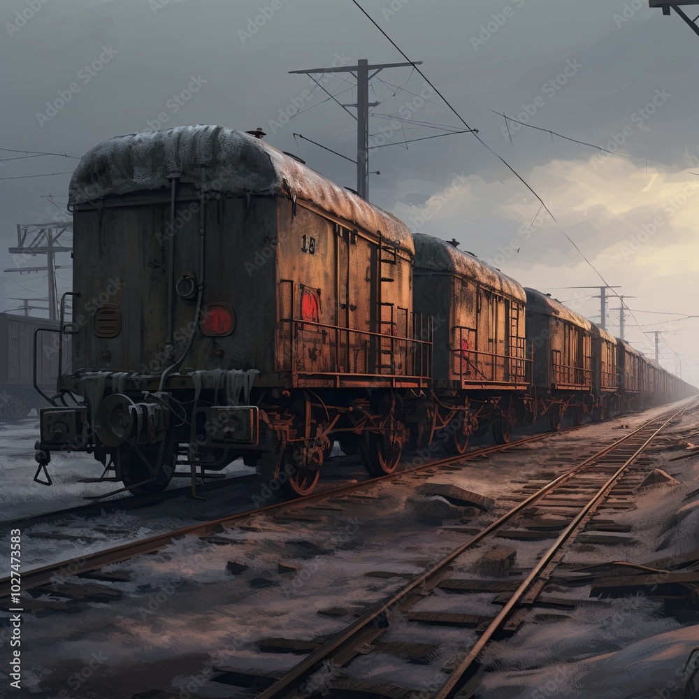 Rusty freight train wagons on railway track at sunset. Digital painting ...