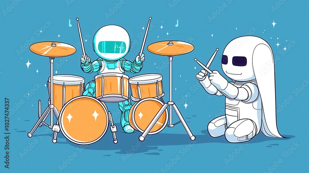 Bionic Baby Beats, a small child joyfully drumming on a futuristic ...