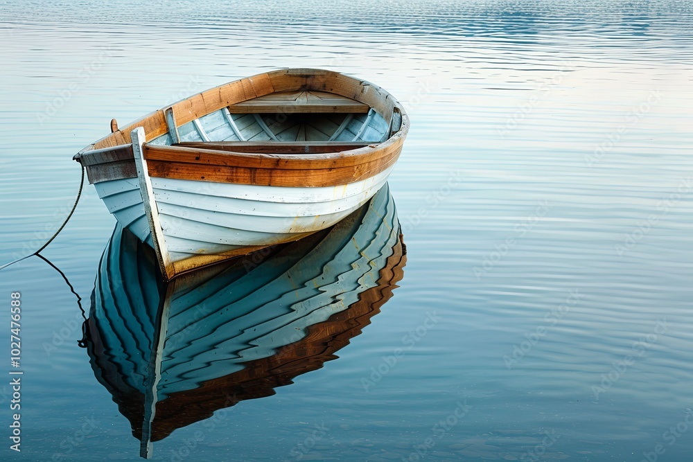 A small wooden boat with white paint and brown wood accents floats ...