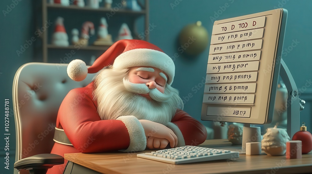 Render a tired Santa dozing off at his workstation surrounded by a ...