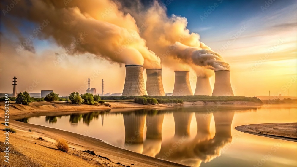 Cooling tower of a nuclear power plant with a long shot view in a ...