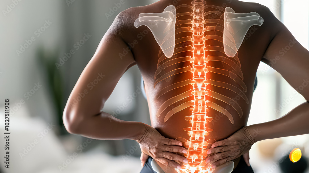 Woman with a back brace on her back. The spine is red and yellow. The ...