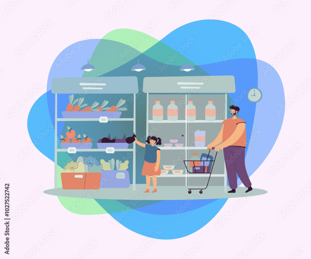 Happy father and daughter buying food in supermarket flat vector ...