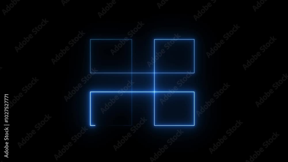 Four rectangle animation by cyan neon line on naught background. Seamless loop animation frame ...