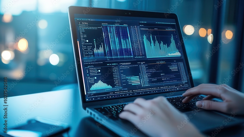 Analyzing product quality on a laptop screen, close-up of data graphs ...