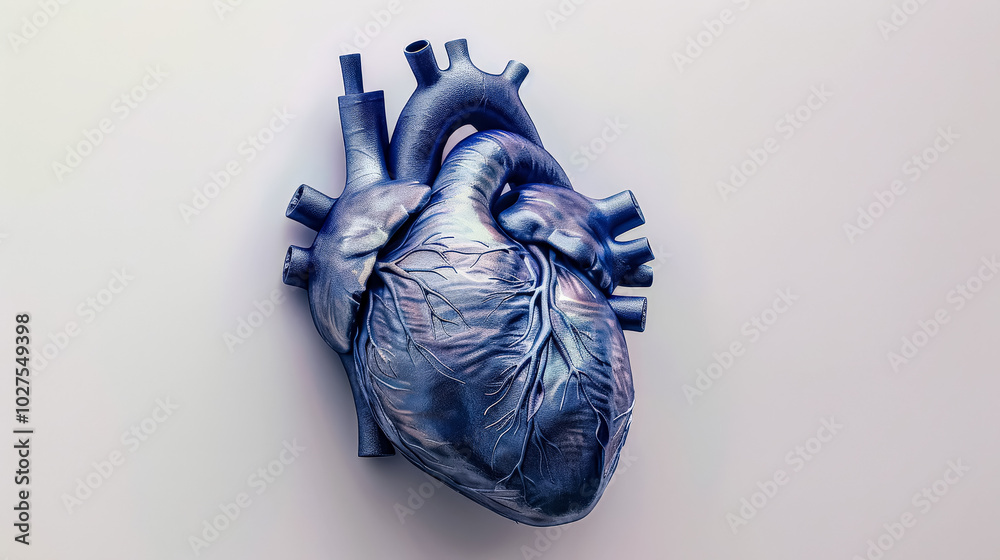 Blue heart with red veins is shown in a white background. The heart is ...