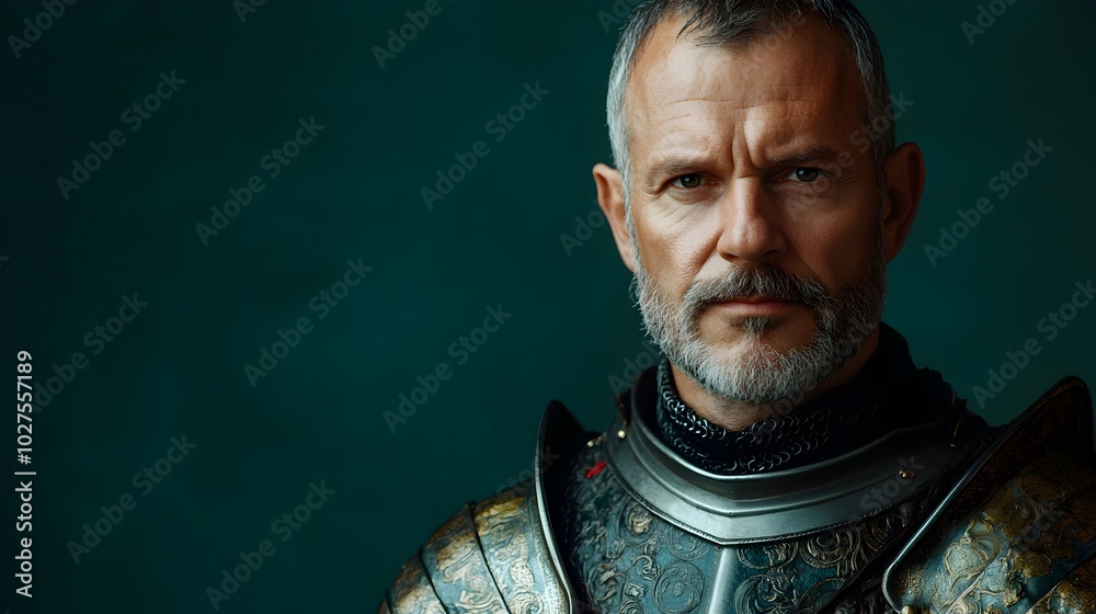 A middle aged man dressed in a gleaming suit of medieval knight s armor ...