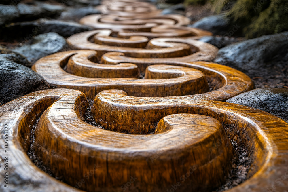 A long wooden path with a series of carved circles. The circles are of ...