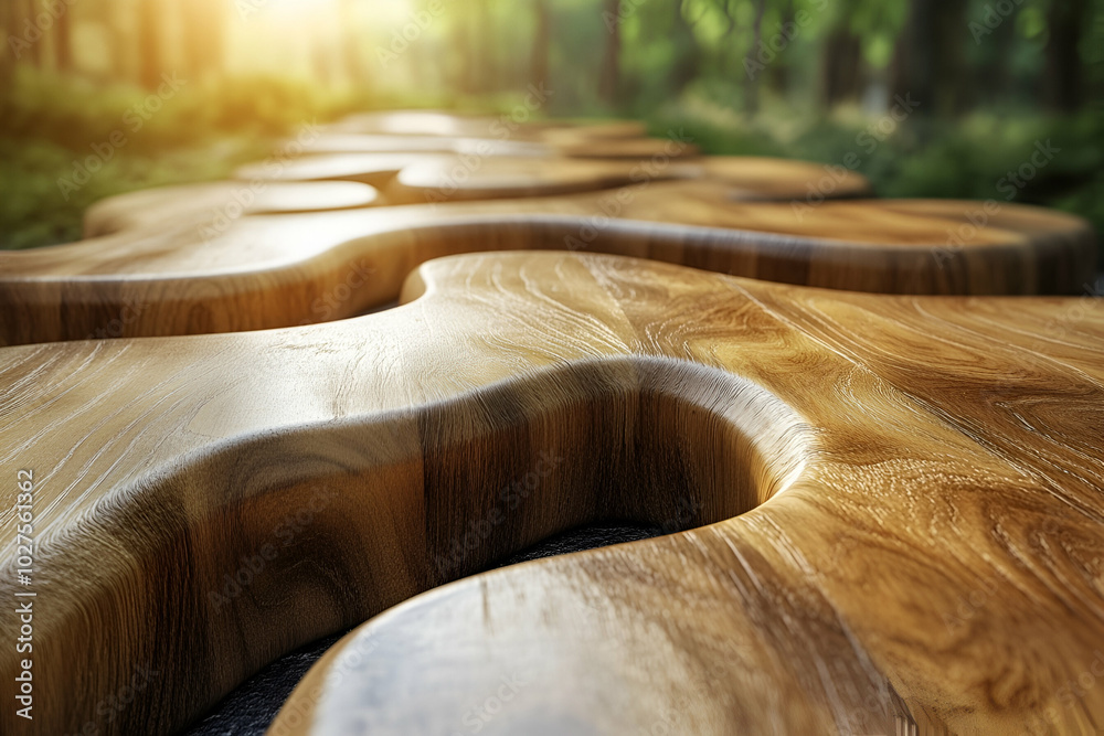 A wooden bench with a curved edge and a hole in the middle. The bench ...