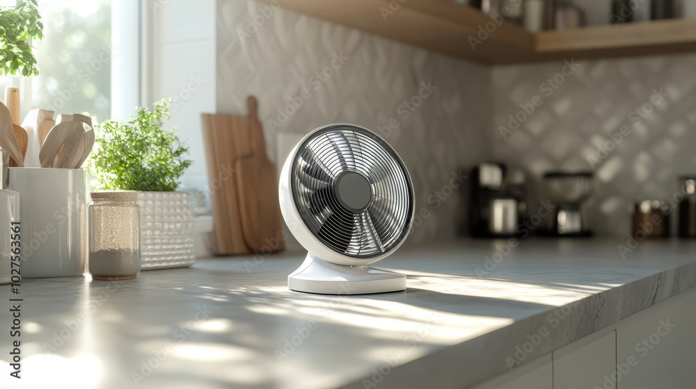 A compact, modern small fan on a kitchen countertop with minimalistic ...