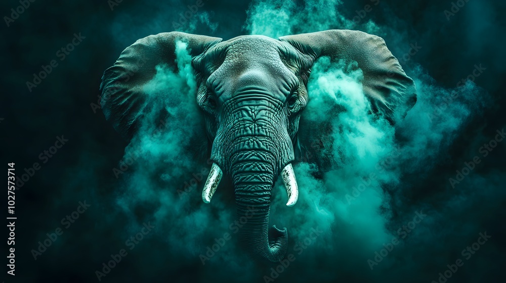 Elephant facing forward, with swirling green and blue smoke enveloping ...