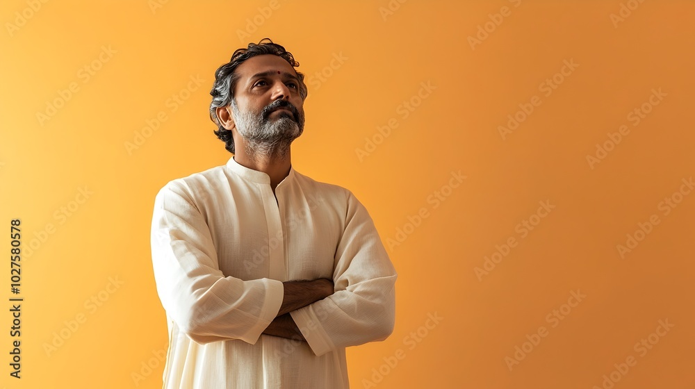 Portrait of a pensive middle aged Indian man dressed in a traditional ...