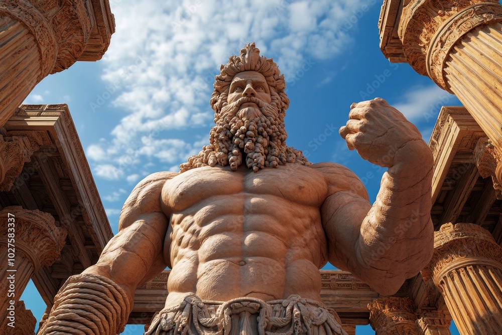3D-rendered statue of an ancient Greek god, with realistic textures and ...