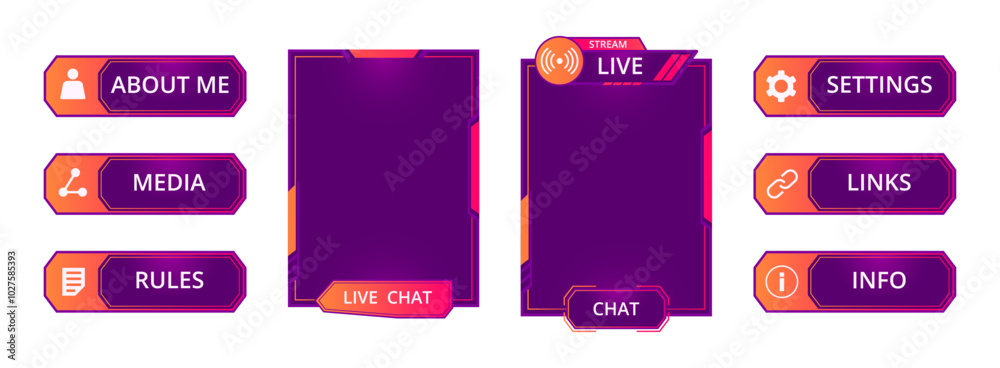 Gamers stream interface buttons. Game streaming screen frames, mmo game menu, modern gamers ...