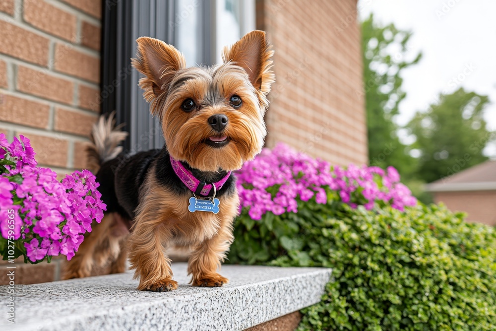Yorkie standing proudly at the entrance of a house, with its little ...