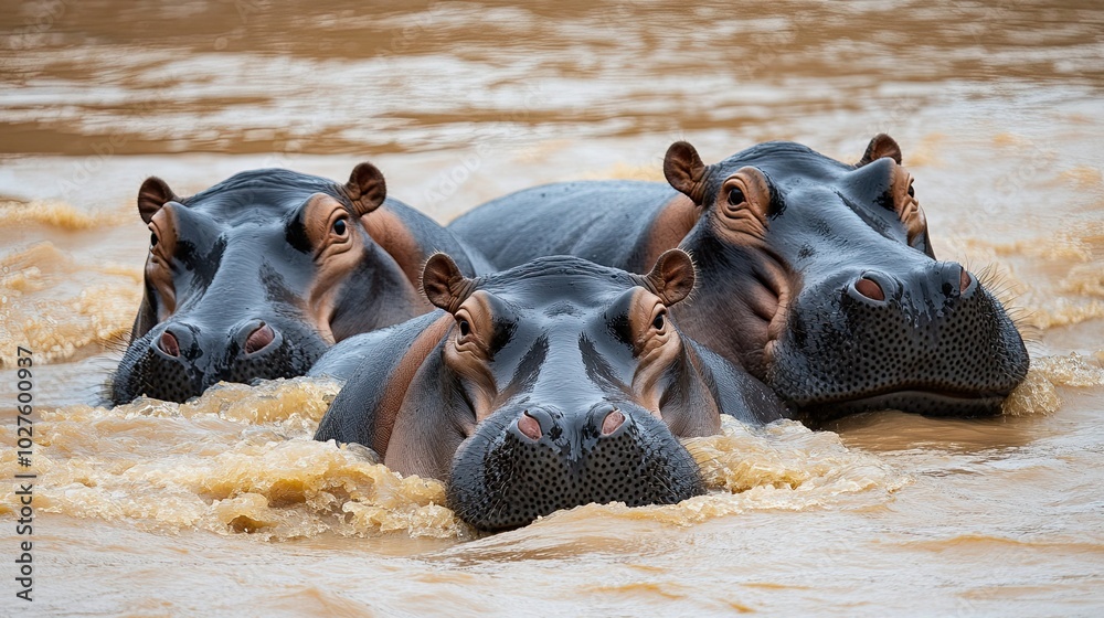 Four hippos submerged in a murky river, their heads and eyes looking ...