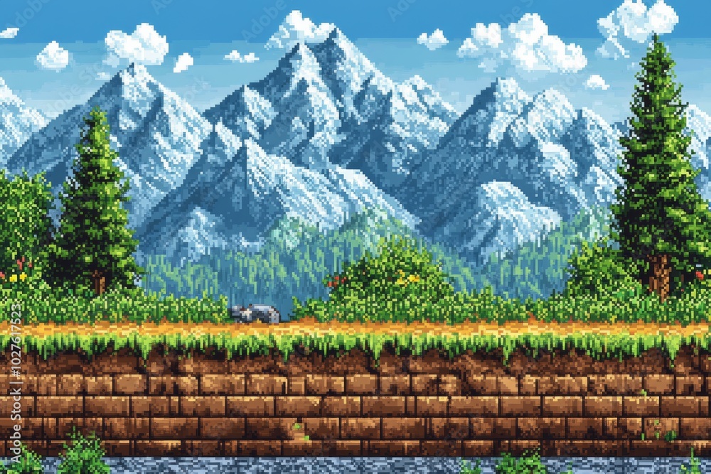 Brick wall game asset at the bottom of a grassy hill with a pixel art ...