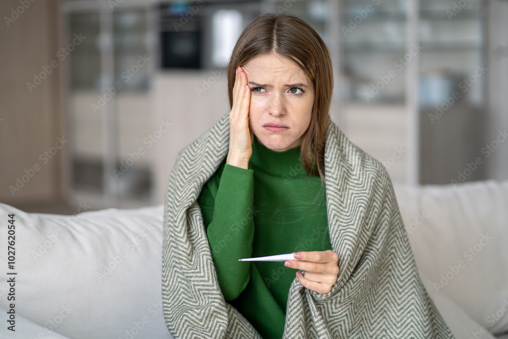 Frustrated woman measures fever on sofa, feeling weak and dizzy at home ...