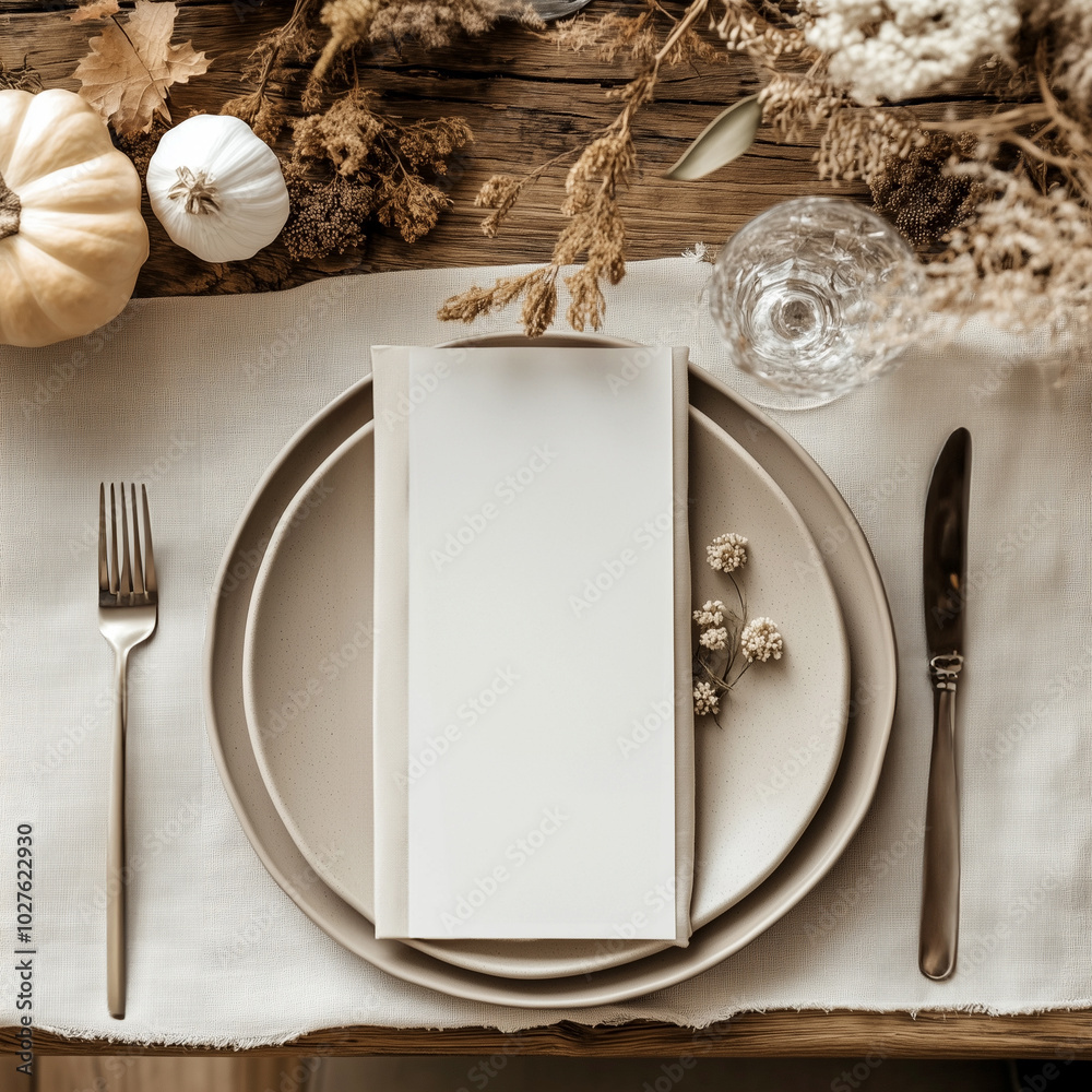 Vertical menu card mockup 4x9 on table, wedding table setting, blank ...