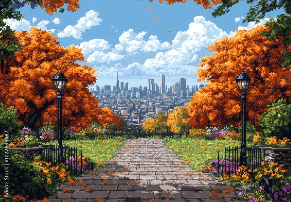 Pixel art game asset of autumn foliage framing a pathway leading to a ...