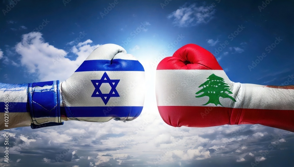 Two boxing gloves with Israeli flag coating and Lebanese flag coating ...