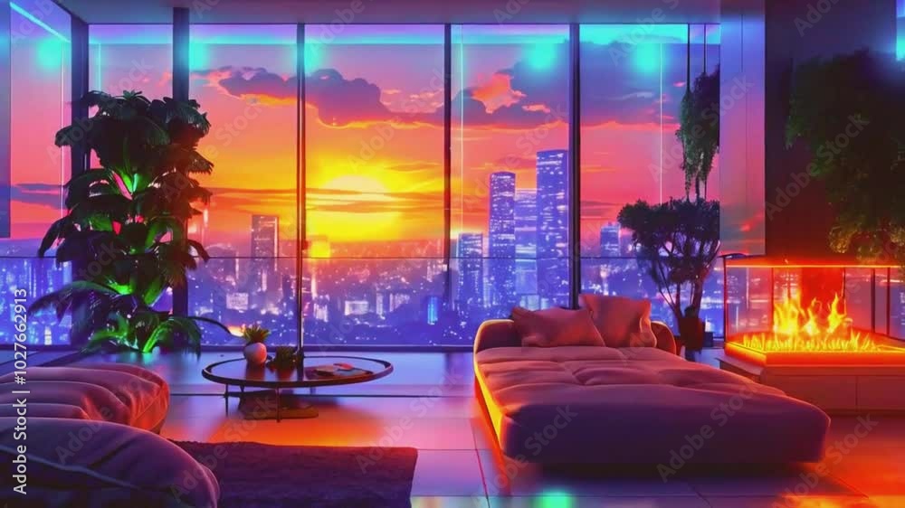 cozy loft apartment rooftop view city at sunset vtuber asset twitch ...