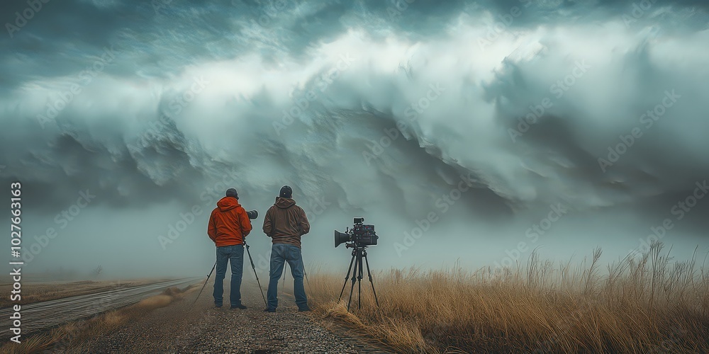 Storm chasers standing on desolate road with their equipment, observing ...