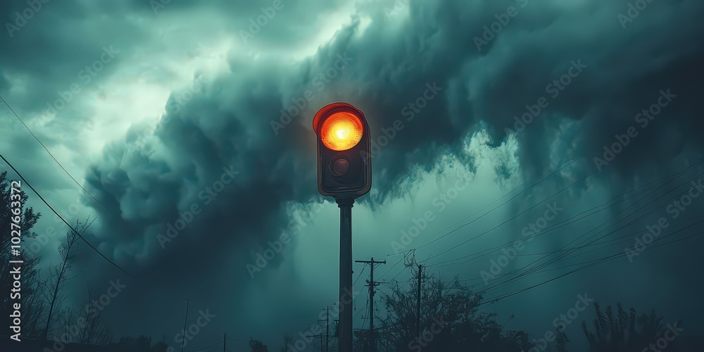 Tornado siren atop a pole in small rural town, loudly blaring against ...